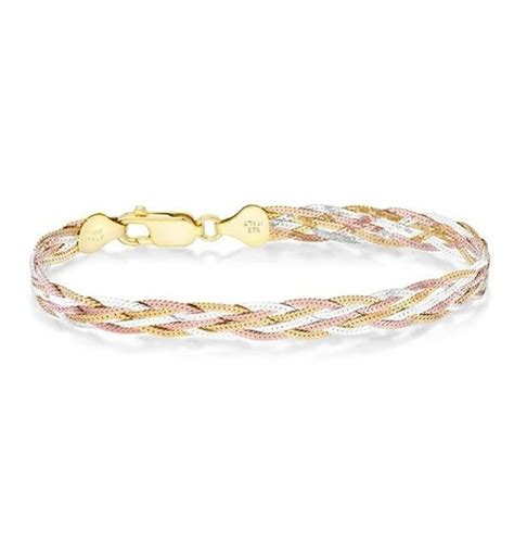 Miabella 3색 18k 골드 오버 925 스털링 실버 이탈리아 6가닥 7mm 브레이드 헤링본 체인 팔찌 티몬