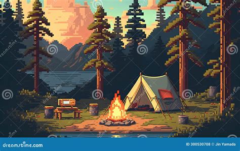Pixel Art Illustration Of A Campfire In The Forest With A Tent Stock
