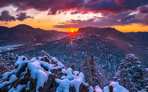 Rocky Mountains Evening Sunset Winter Mountain Landscape Rocky