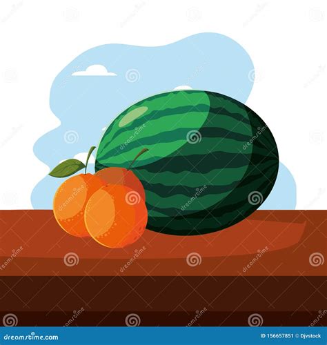 Watermelon And Orange Fresh Fruit On Table Outdoors Stock Illustration Illustration Of