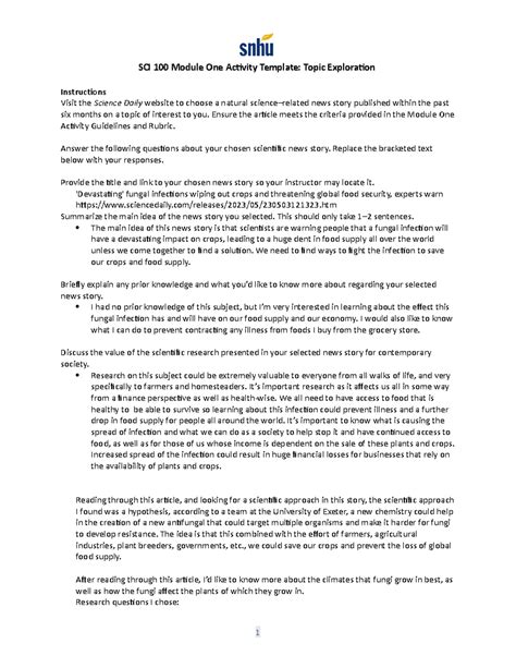 Sci 100 Module 2 Activity Template Sci 100 Module One Activity Template Topic Exploration