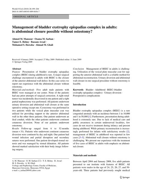 Pdf Management Of Bladder Exstrophy Epispadias Complex In Adults Is Abdominal Closure