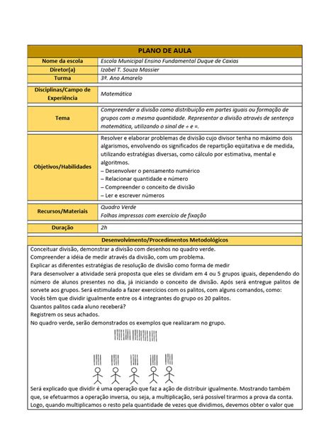 Plano De Aula Divisão Pdf Números Matemática