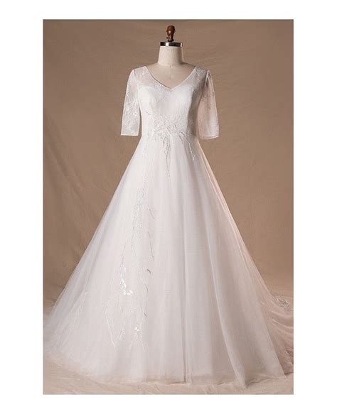 Modest V Neck And Short Sleeve Long White Plus Size Wedding Dress With