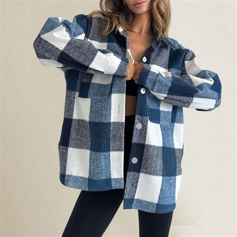 Shackets For Women 2024 Relaxed Fit Plaid Lapel Shacket Comfy