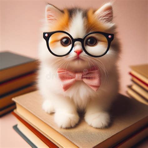 Little Ginger Kitten With Glasses Sitting On Books Stock Illustration