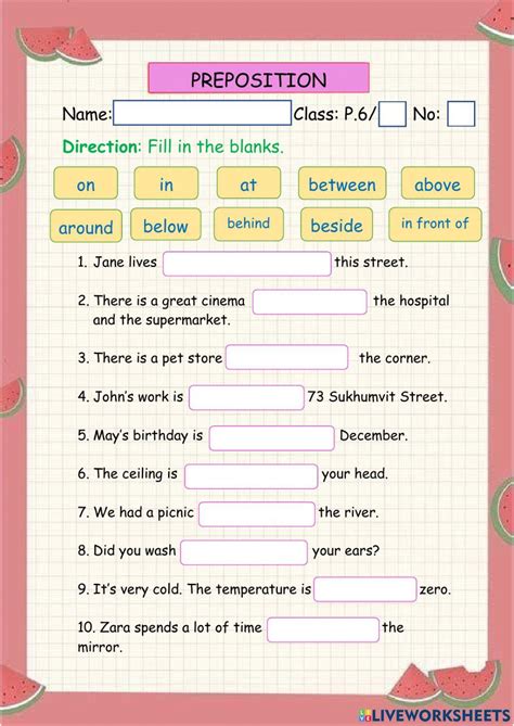 Preposition Online Exercise For 6 Live Worksheets