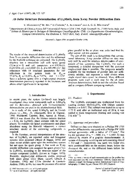 Pdf Ab Initio Structure Determination Of Li 2 Mno 3 From X Ray Powder Diffraction Data