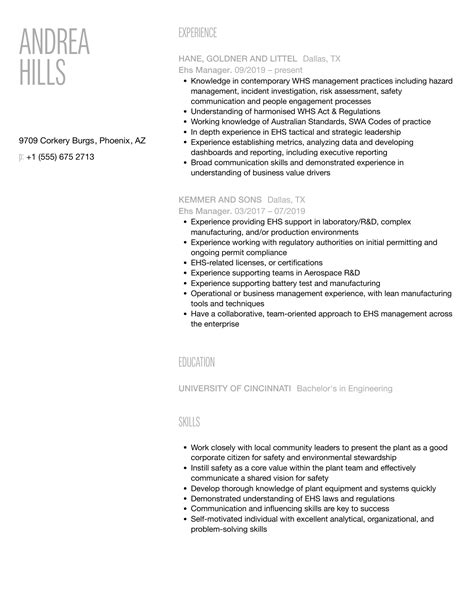 Ehs Manager Resume Samples Velvet Jobs