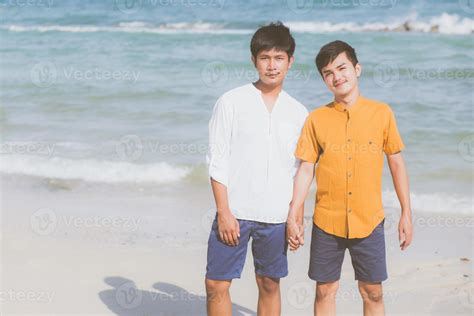 Homosexual Portrait Young Asian Couple Standing Together On Beach In