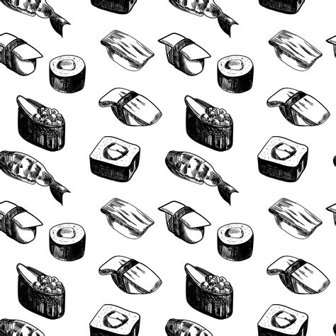 Premium Vector Sketchy Sushi And Rolls Seamless Pattern Black And