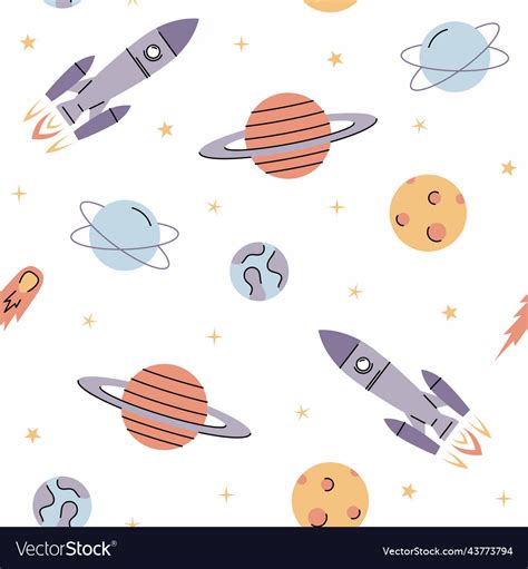 Space Elements Seamless Pattern With Rockets Vector Image
