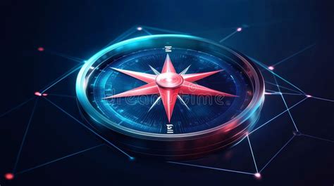 Digital Compass Pointing North With Holographic Network Elements And Data Points Stock Image