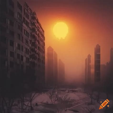 Abandoned Brutalist Buildings Sinking Into Ocean In A Pale Orange Fog