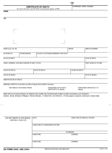 Da Form 2669 Certificate Of Death Free Online Forms