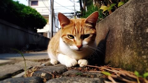 รูปพื้นหลังแมวสีส้มและสีขาวที่วัดโจโกโมอิซุ พื้นหลัง แมว แมว แมวจรจัด