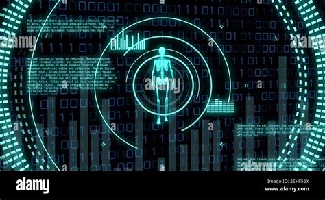 Animation Of Binary Coding Data Processing And Human Body Over Scopes Scanning Stock Video