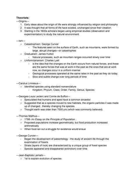 Bio Evolution Unit Test Notes Theorists Origins 1 Early Ideas