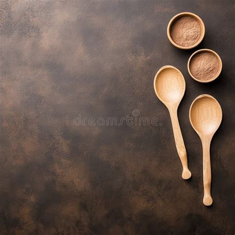 Two Wooden Spoons And Two Small Bowls Filled With Brown Powder Are