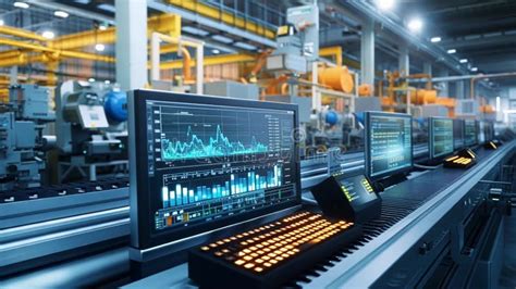 Monitors Showing Data Analysis Charts And Statistics In Modern Factory