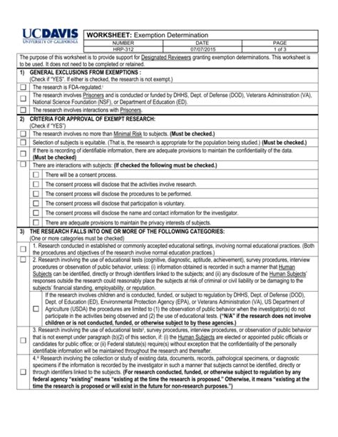 Worksheet Exemption Determination Hrp