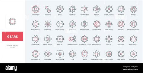 Gears And Cogwheels Thin Black And Red Line Icons Set Vector