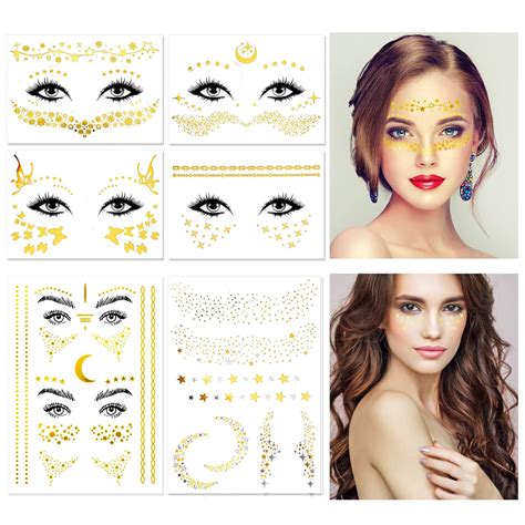 HOWAF Festival Glitzer Gesicht Temporäre Tattoos für Frauen Goldene Metallic Flash Tattoos