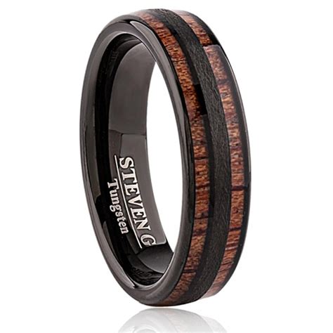 Koa Wood Inlay With Black Brushed Center Line Ring