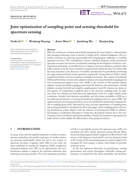 Pdf Joint Optimization Of Sampling Point And Sensing Threshold For Spectrum Sensing