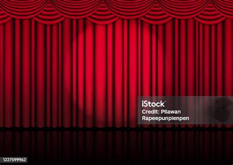 스포트라이트 콘서트 또는 스포트라이트 배경 일러스트 벡터와 프리젠 테이션을위한 무대 또는 시네마에 현실적인 빨간 커튼을 3d 모형 우아에 대한 스톡 벡터 아트 및 기타