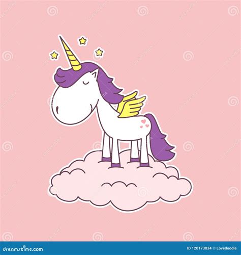Very Cute Cartoon Unicorn With Wings Standing On A Cloud Stock