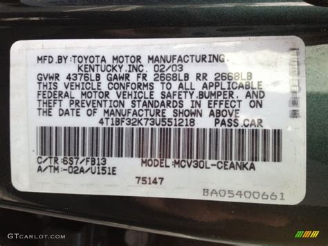 2003 Camry Color Code 6s7 For Aspen Green Pearl Photo 64256457