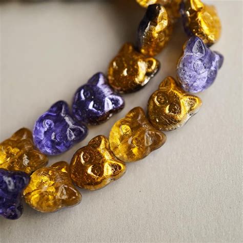 金属紫橘色光泽可爱~猫咪直孔捷克珠琉璃玻璃 13x12mm