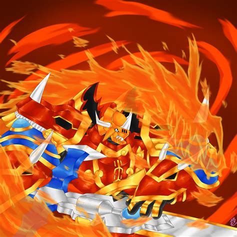 Kaisergreymon Digimon 1boy Armor Fire Horns Solo Sword Weapon