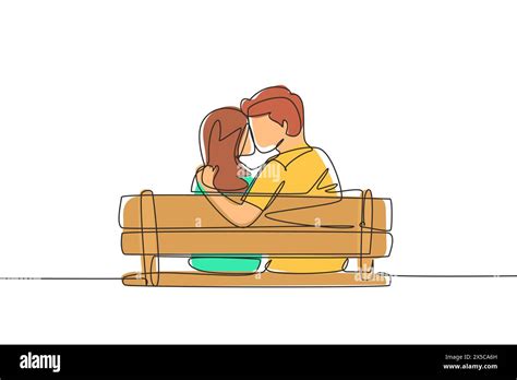 Single One Line Drawing Couple Sweet Kissing Sitting On Bench In Park