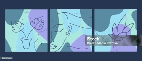 여성의 얼굴과 식물이 있는 추상적인 미니멀리즘 템플릿 세트입니다 벡터 일러스트 레이 션 구도에 대한 스톡 벡터 아트 및 기타 이미지 구도 낙서 패턴 드로잉 Istock