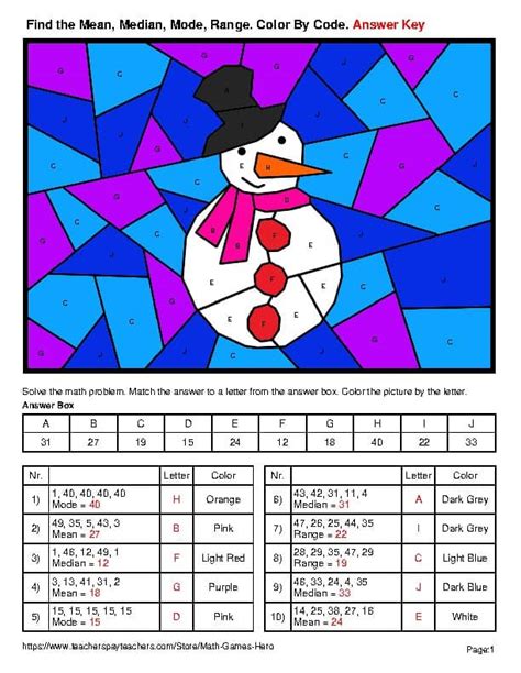 Mean Median Mode Range Winter Coloring Pages Color By Code