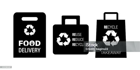 음식 배달 비문이 새겨진 종이 봉지 에코 팩 재활용 가능한 패키지 종이 음식 가방을 가져 가십시오 단색 아이콘 로고 또는 웹 기호 인쇄 세트 가방에 대한 스톡 벡터 아트 및