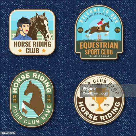 경마 스포츠 클럽 배지 패치 엠블럼 엠블럼 세트 벡터 그림입니다 빈티지 승마 라벨 라이더와 말 실루엣 스티커 승마 스포츠 승마