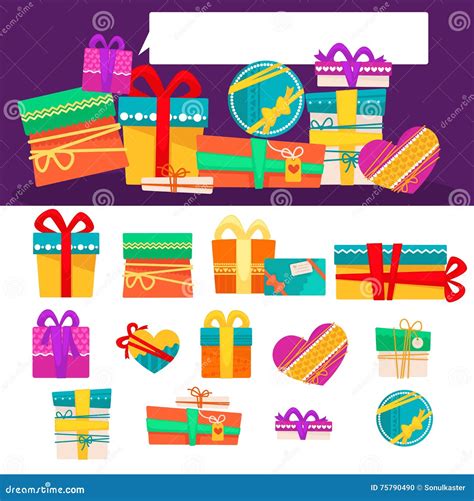 Vector Set Of Different Colorful Gift Boxes With Ribbons And Bows Flat Design Stock Vector