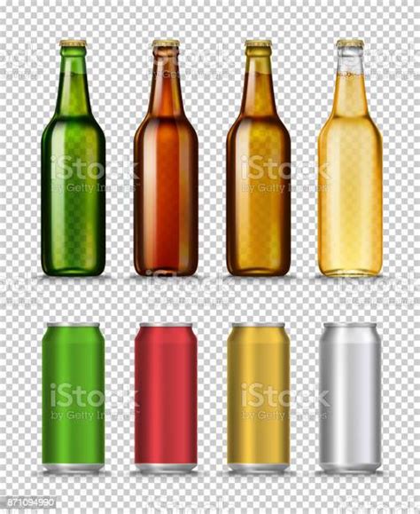 현실적인 녹색 갈색 노랑 반 투과성 유리 맥주 병 및 흰색 배경에 고립 된 음료와 함께 수 있습니다 벡터 일러스트입니다 템플릿 광고를 포장 하는 제품에 대 한 빈입니다