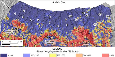 stream length gradient index map black lines represent the watershed