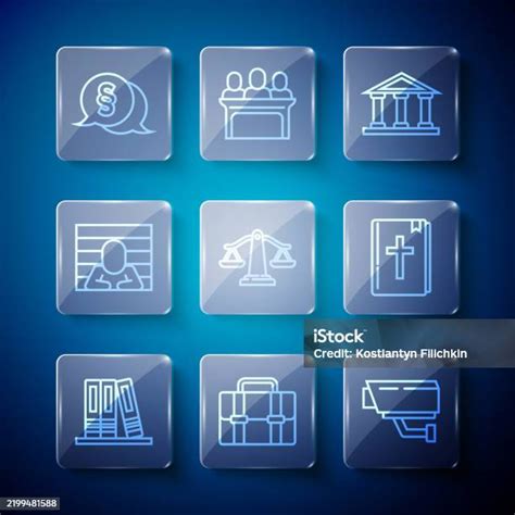 사무실 폴더 서류 가방 보안 카메라 법원 건물 정의의 저울 죄수 법률 및 성경 책 아이콘을 설정합니다 벡터 가방에 대한 스톡 벡터 아트 및 기타 이미지 Istock