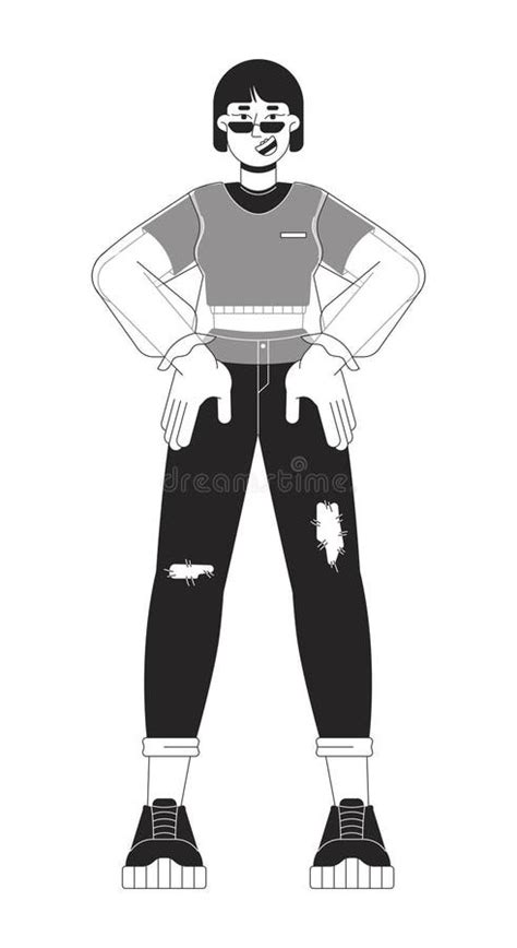 Fashionable Korean Woman Power Pose Black And White 2d Line Cartoon