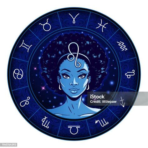 레오 조디악 로그인 작품 아름 다운 소녀 얼굴 별자리 기호 스타 기호 벡터 일러스트 레이 션 점성술 기호에 대한 스톡 벡터 아트