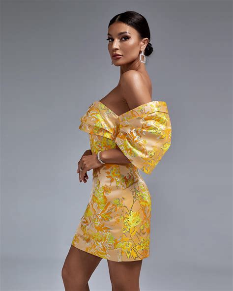 Gold Off Shoulder Floral Mini Dress Wolddress