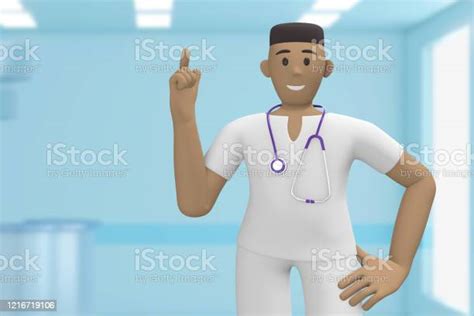 병원 검지의 의료 내부에 남성 아프리카 의사는 주의 위험 복사 공간을 손가락 만화 사람 3d 렌더링 건강관리와 의술에 대한 스톡