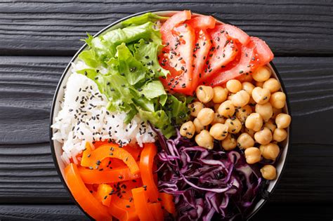 쌀과 매운 Chickpea 야채 채식 부처님 그릇입니다 건강 식품 개념입니다 최고 수평 뷰 병아리 콩에 대한 스톡 사진 및 기타