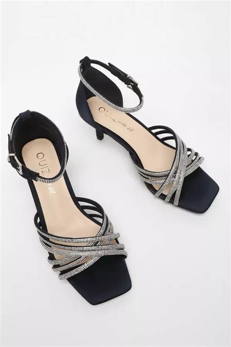 Wide Fit Navy Satin Diamante Cross Strap Low Heels Quiz Clothing