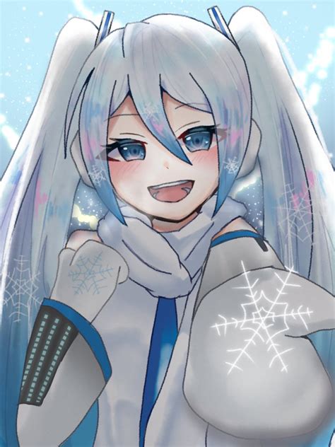 初音ミク 雪ミク 「花篭魅頼さんの雪ミクさん笑顔でこちらに手を伸ばすその手にはキラキラの雪の結晶」piaproピアプロのイラスト
